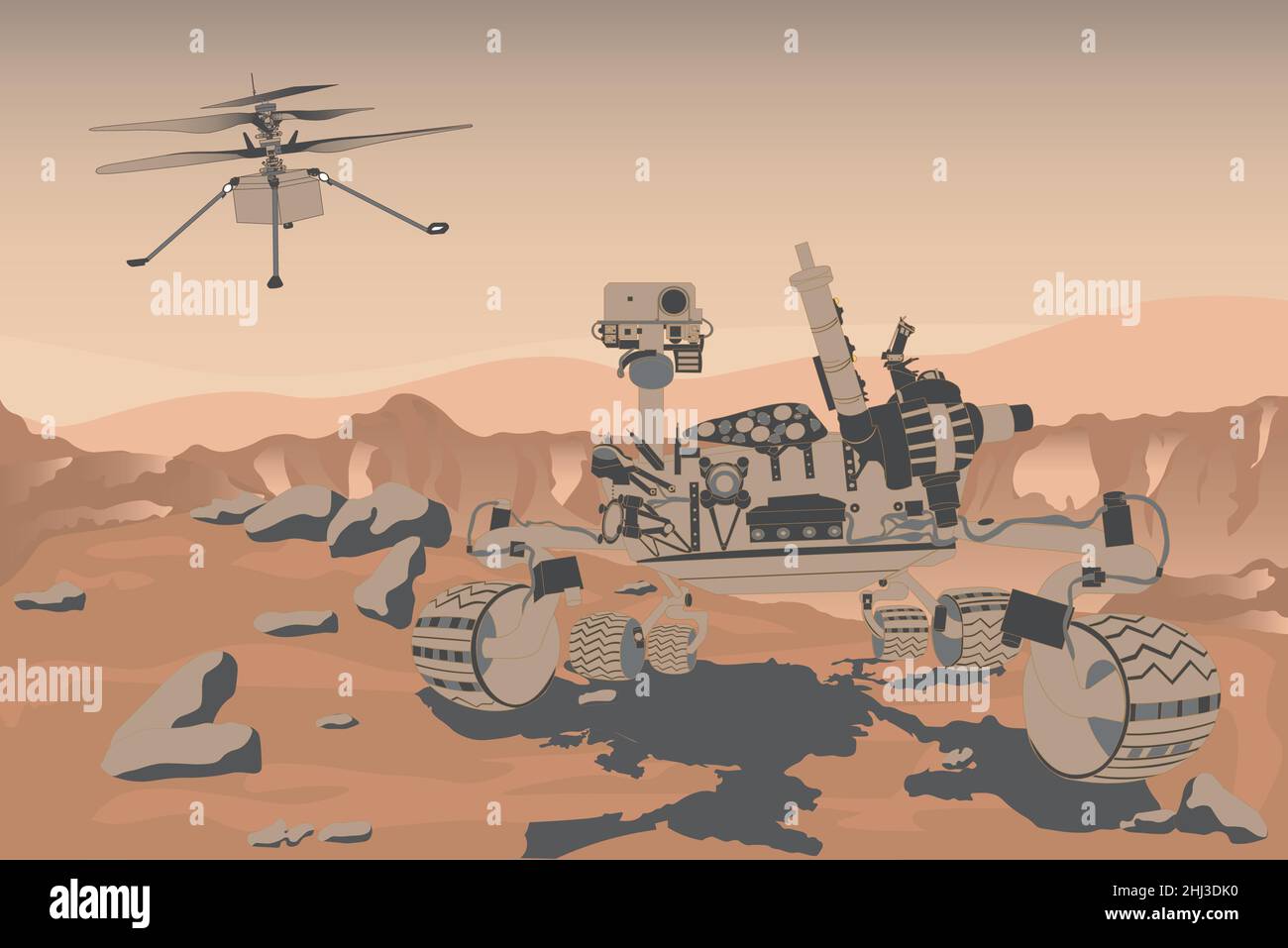 Mars rover curiosity and helicopter ingenuity on the Mars surface with ...