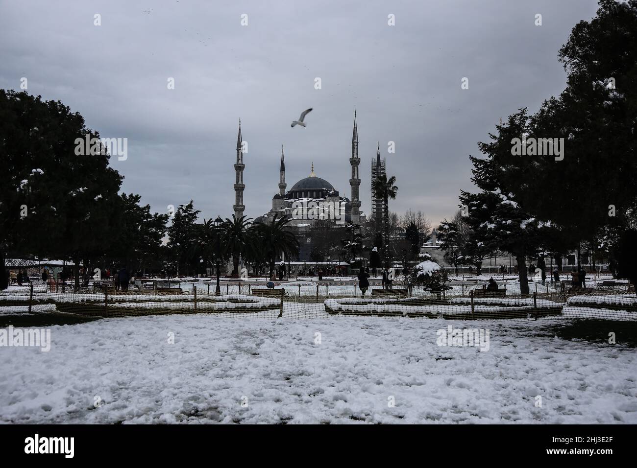 The front of the Blue Mosque is seen covered with heavy snowfall ...