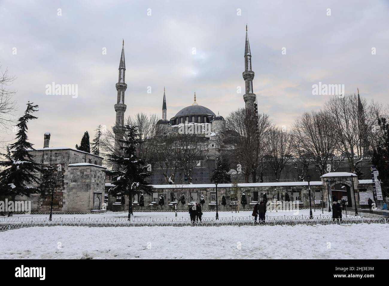 The front of the Blue Mosque is seen covered with heavy snowfall ...