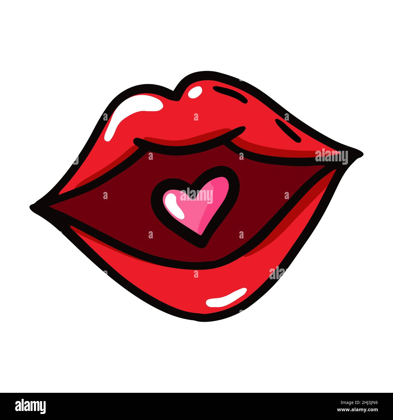 Red lips in comic style with a heart. Vector illustration. Valentines ...