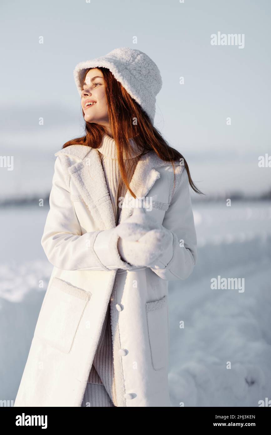 beautiful woman winter clothes walk snow cold vacation Fresh air Stock ...