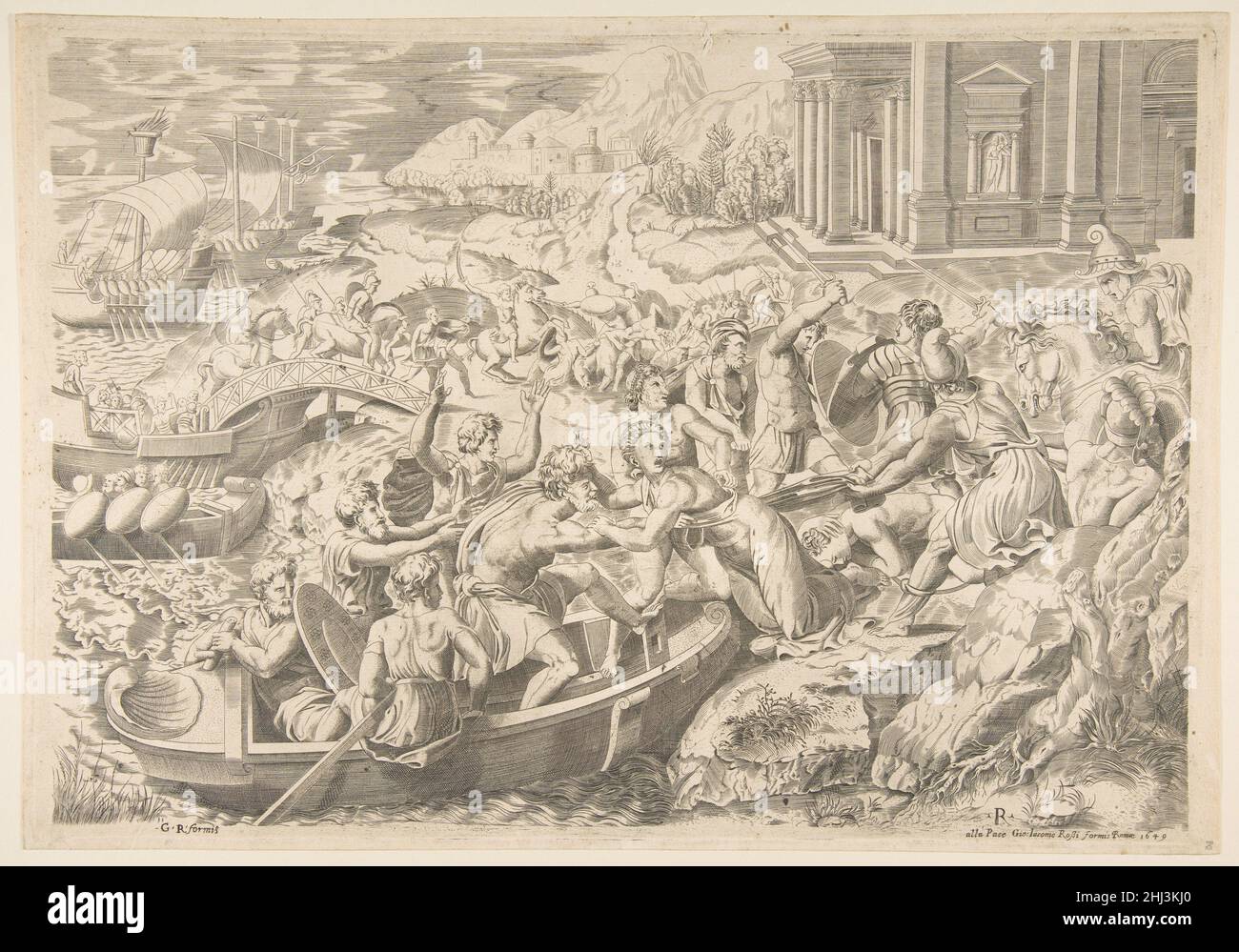 The Abduction of Helen; battle scene on shore with two men pulling ...