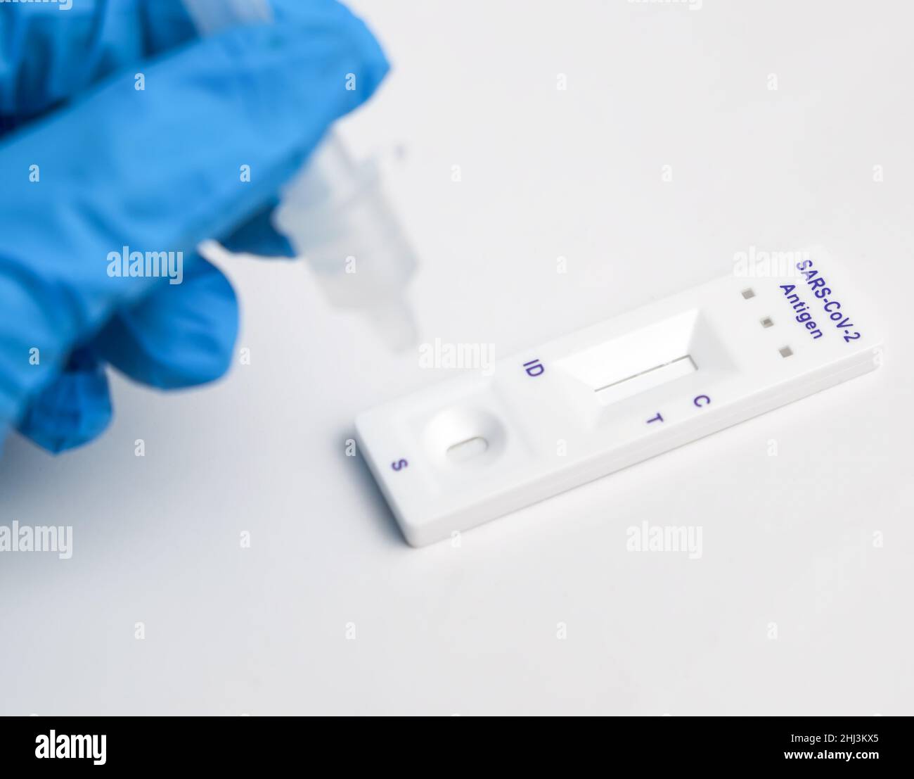 Man makes a covid-19 antigen pcr test macro. The test showed a positive ...