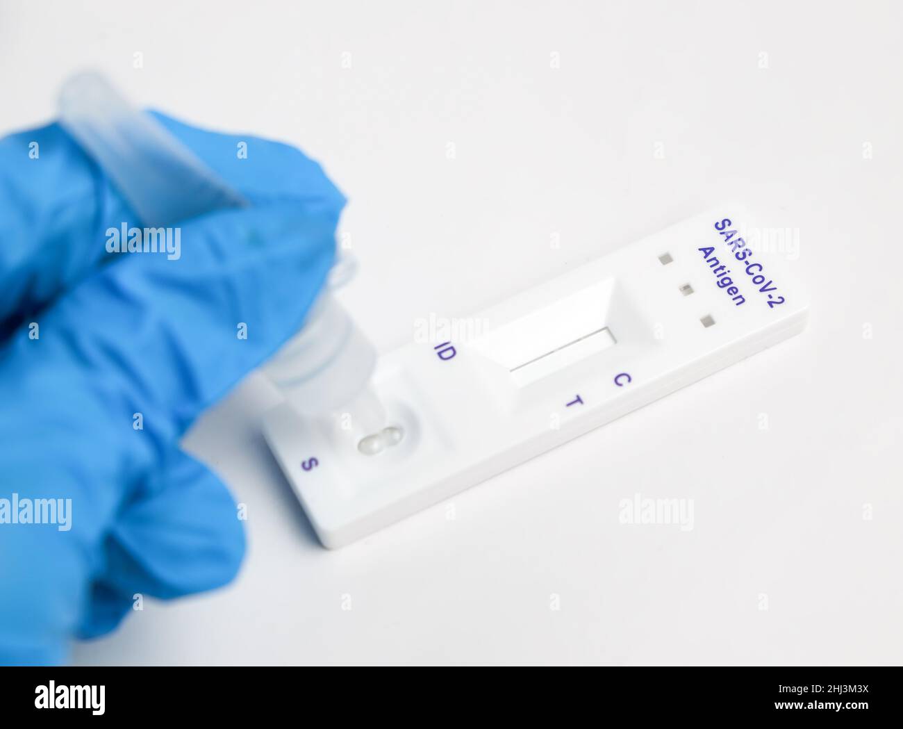 Man makes a covid-19 antigen pcr test macro. The test showed a positive ...
