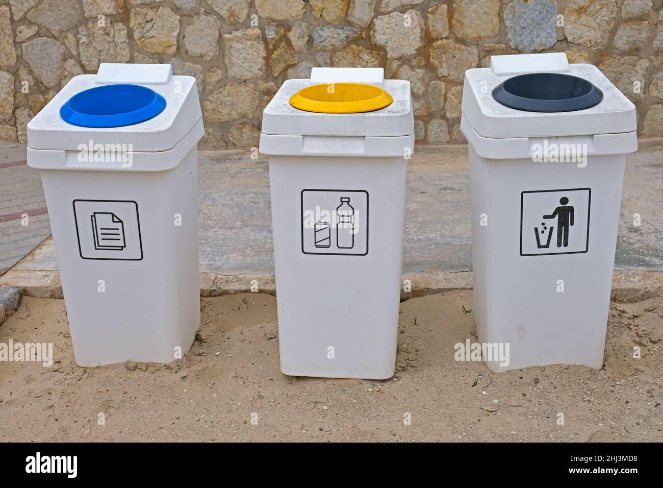 Recycle bins in a beach of Mallorca (Spain Stock Photo - Alamy