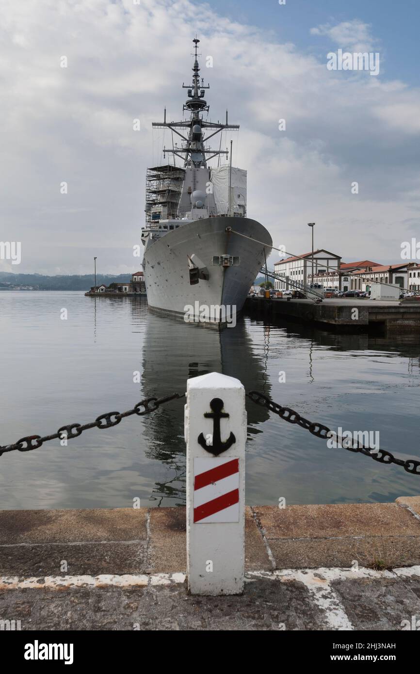 Spanish navy ship in the facilities of the military arsenal in the port ...