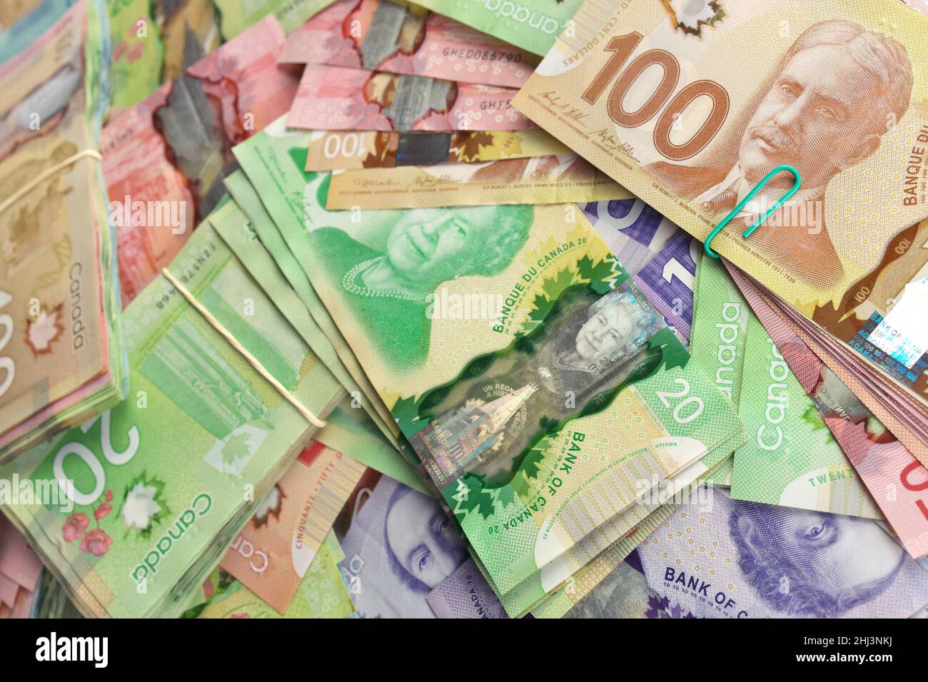 High Angle View of Canadian Banknotes of Different Values Stock Photo ...