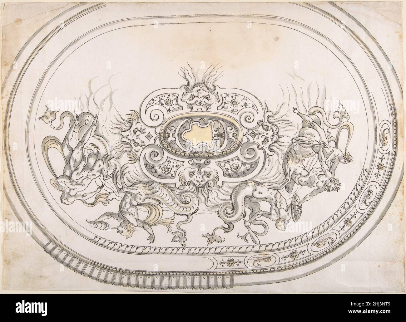 Design for a Platter with Battling Tritons and Sea Nymphs 16th century Erasmus Hornick ...