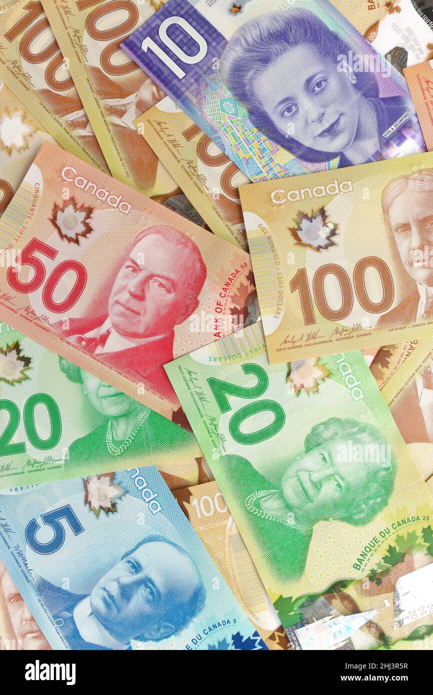 Directly Above Full Frame Image of Canadian Banknotes of Different ...