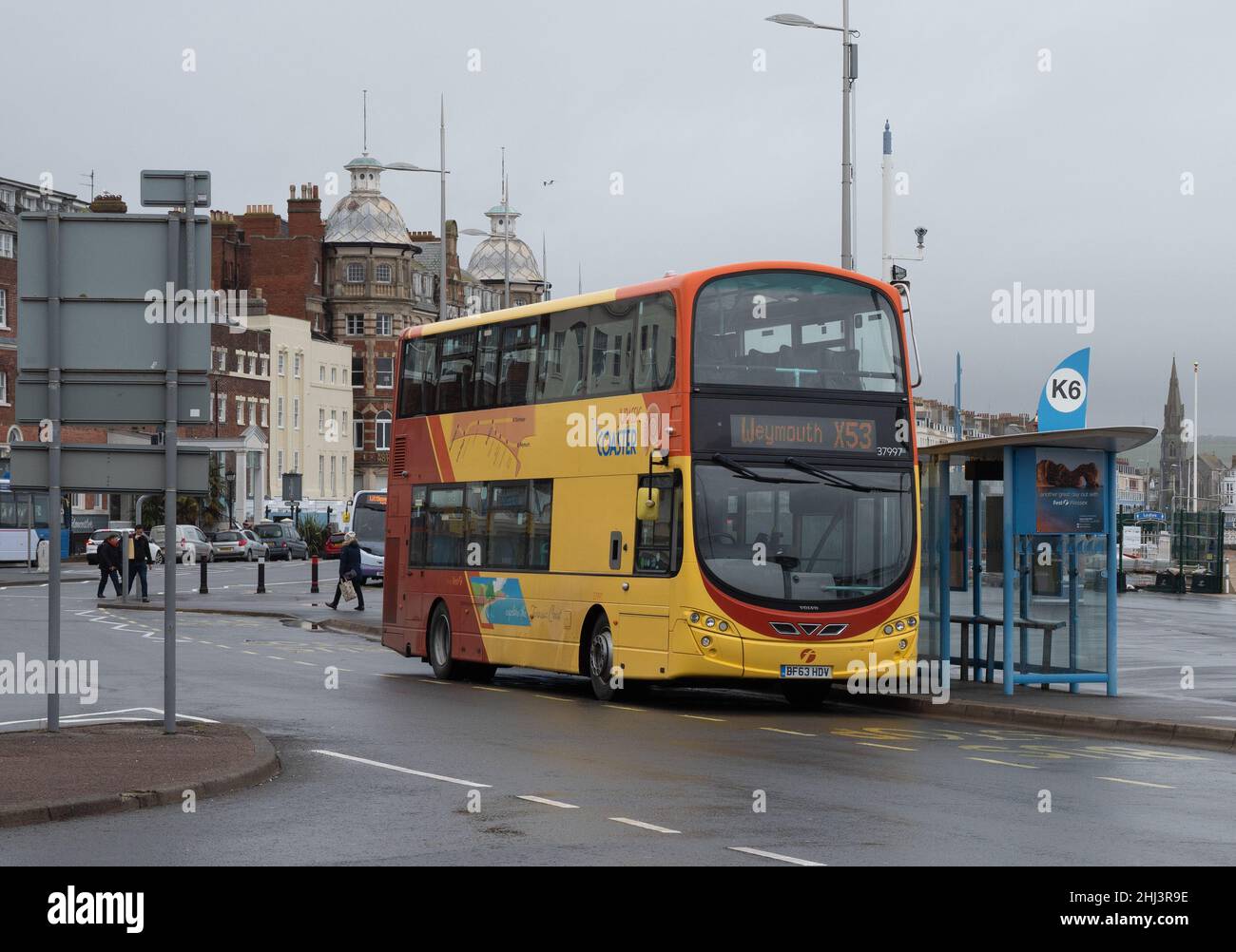 First Wessex Jurassic Coaster bus on the Esplanade at Weymouth Stock ...