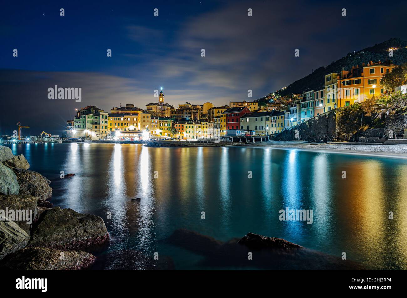 Night view of the old town of Bogliasco illuminated with lights ...
