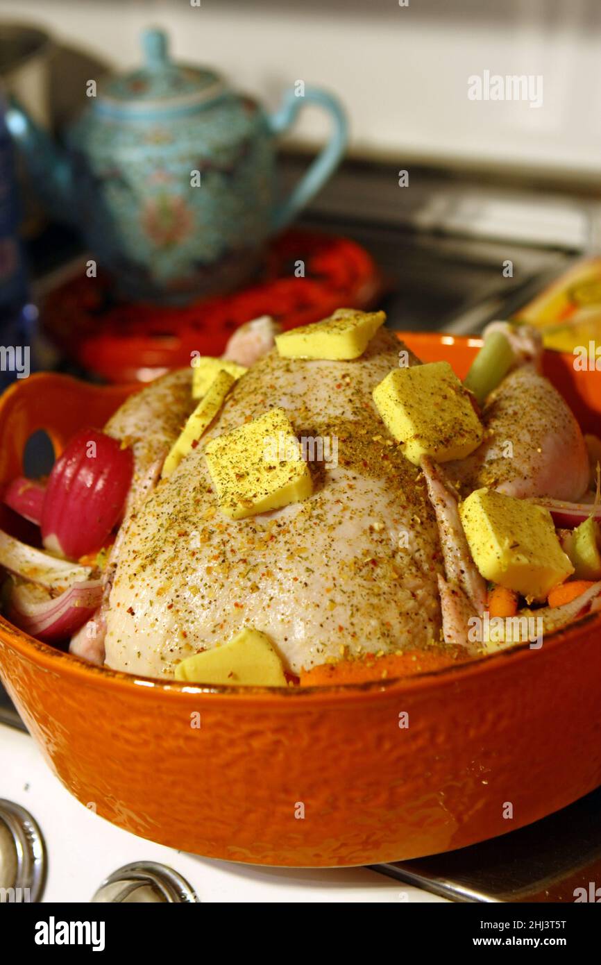 Turkey dinner preparation, thanksgiving setting meal for many people ...