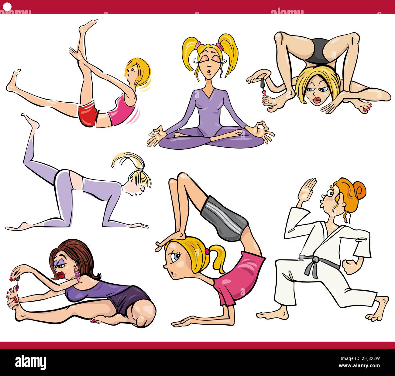 Cartoon illustration of funny active women comic characters set Stock ...