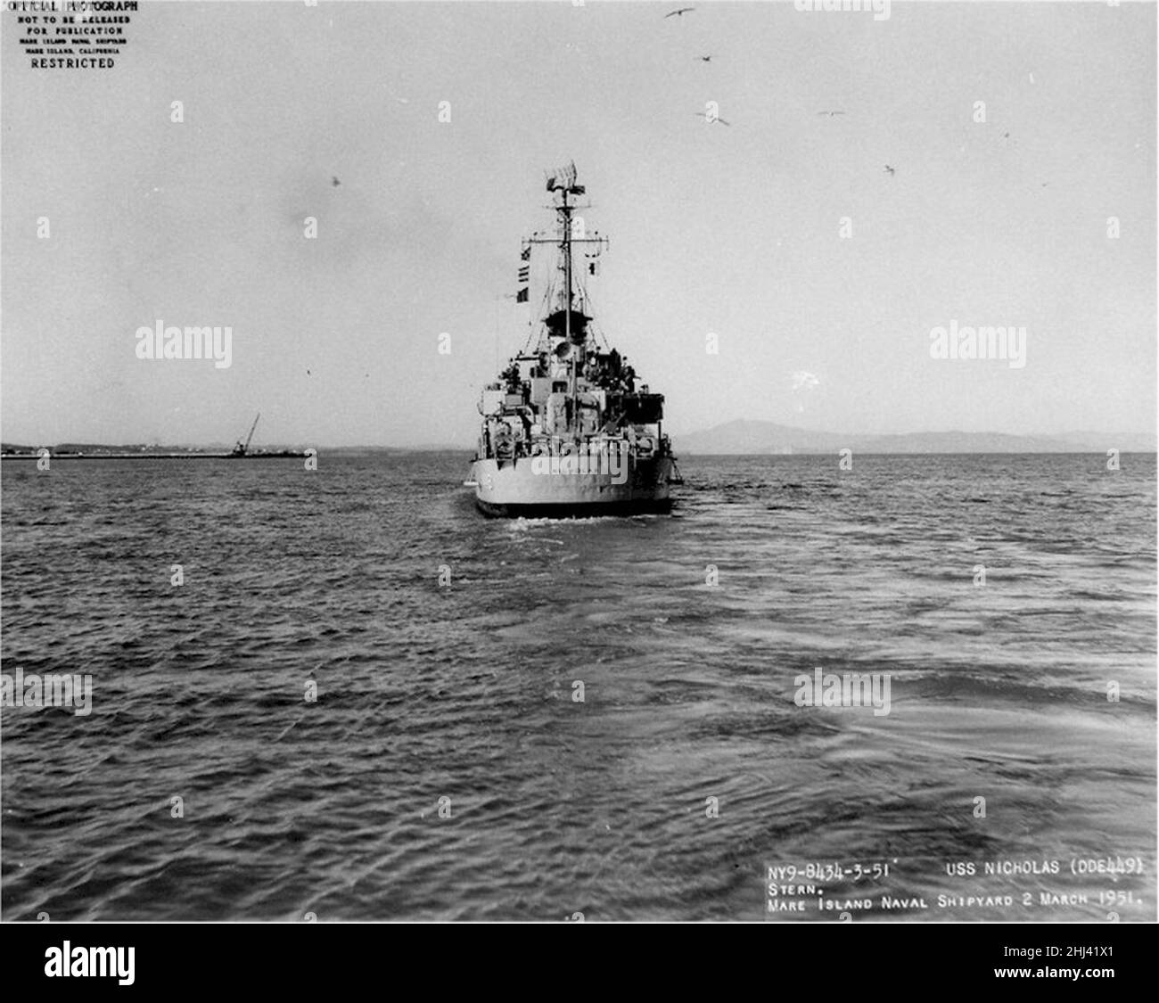 Stern view of USS Nicholas (DD-449) off the Mare Island Naval Shipyard ...