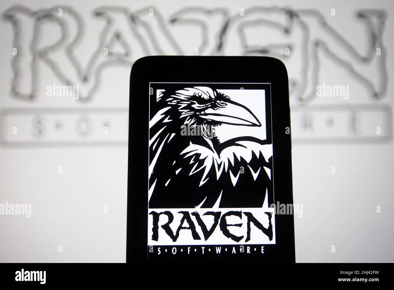 In this photo illustration, a Raven Software Corporation logo of a ...