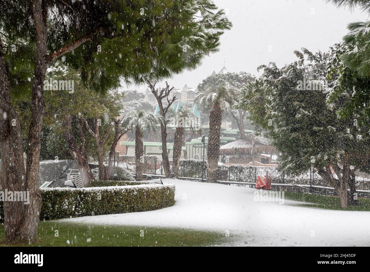 Heavy snowfall on the Mediterranean coast. Snow storm and white covered ...