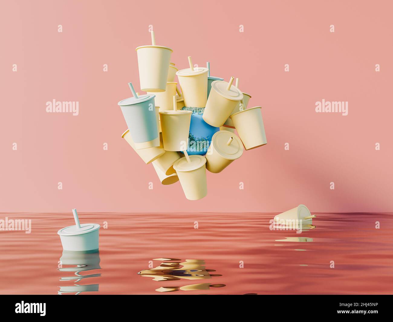Many plastic cups levitating near planet Earth on pink background ...