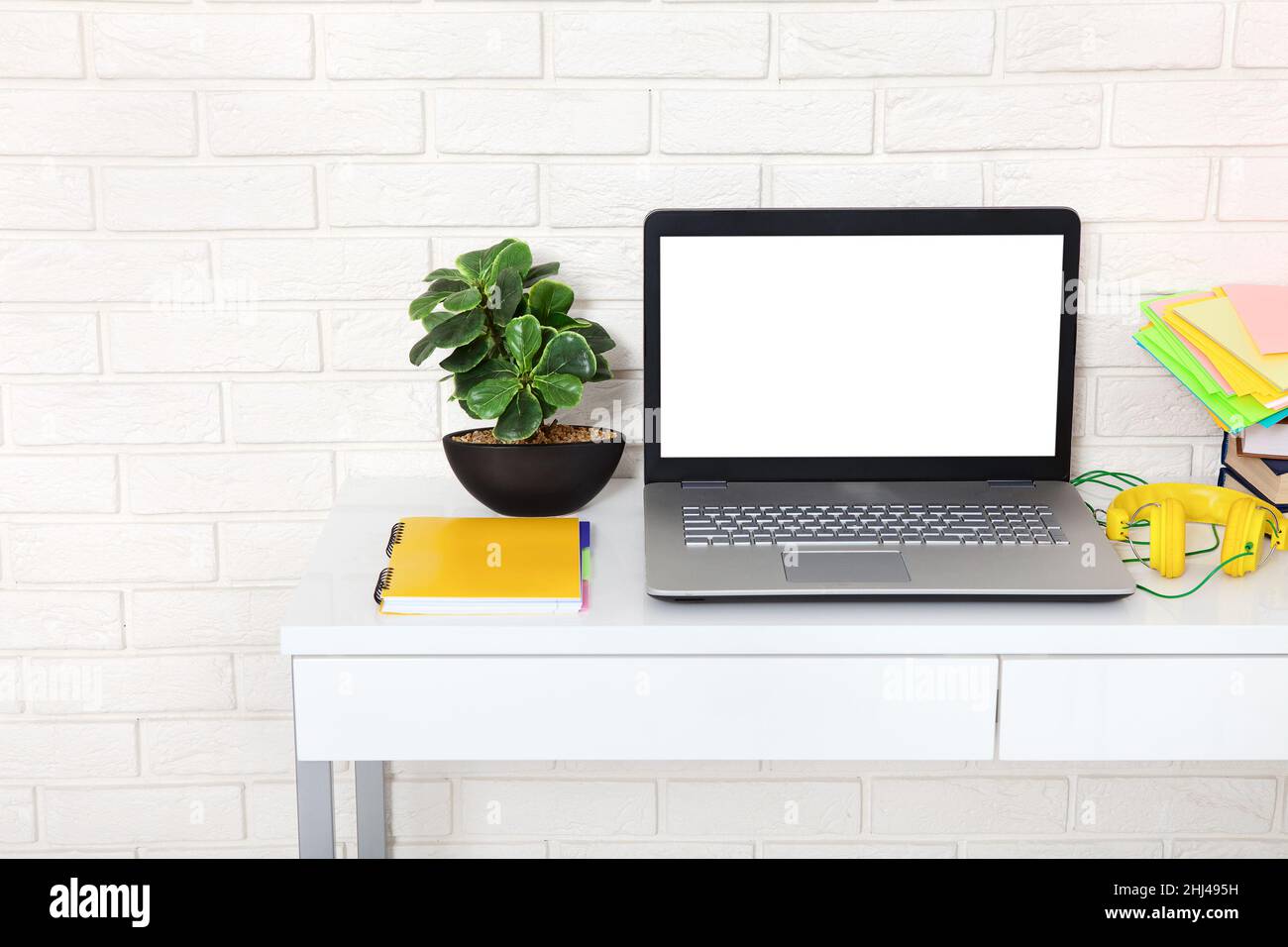 Workspace with computer and notebook. Copy space and top view Stock ...