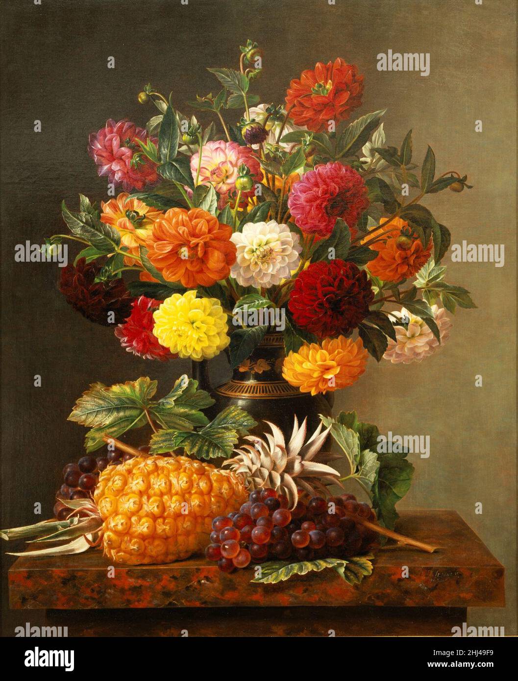 Still Life of Dahlias with Pineapple and Grapes by Johan Laurentz ...