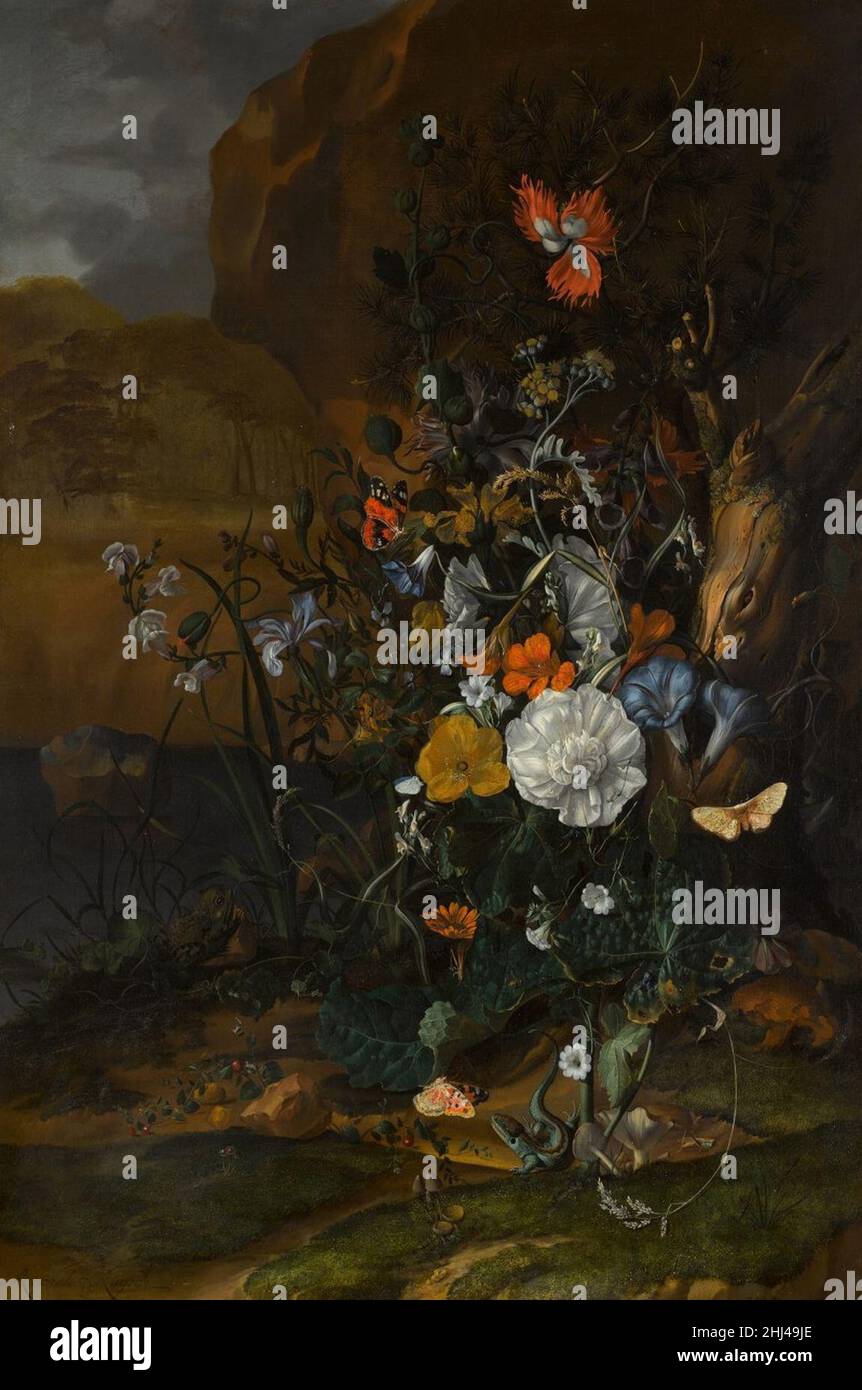 Still life of flowers, with butterflies, insects, a lizard and toads ...