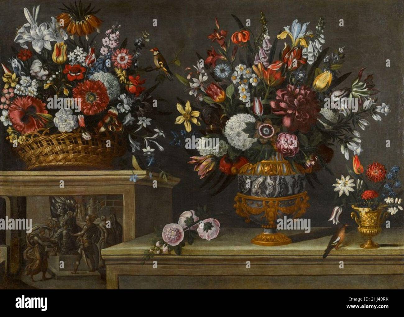 STILL LIFE WITH A BASKET OF FLOWERS ON A RAISED LEDGE, AND ONE LARGE ...