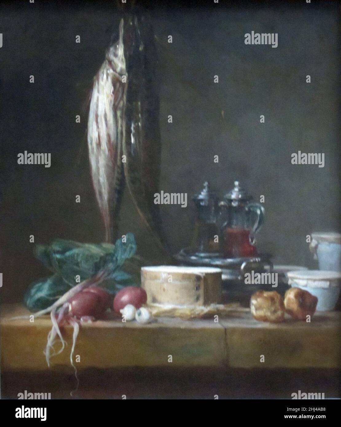 Still Life with Fish, Vegetables, Gougères, Pots, and Cruets on a Table ...