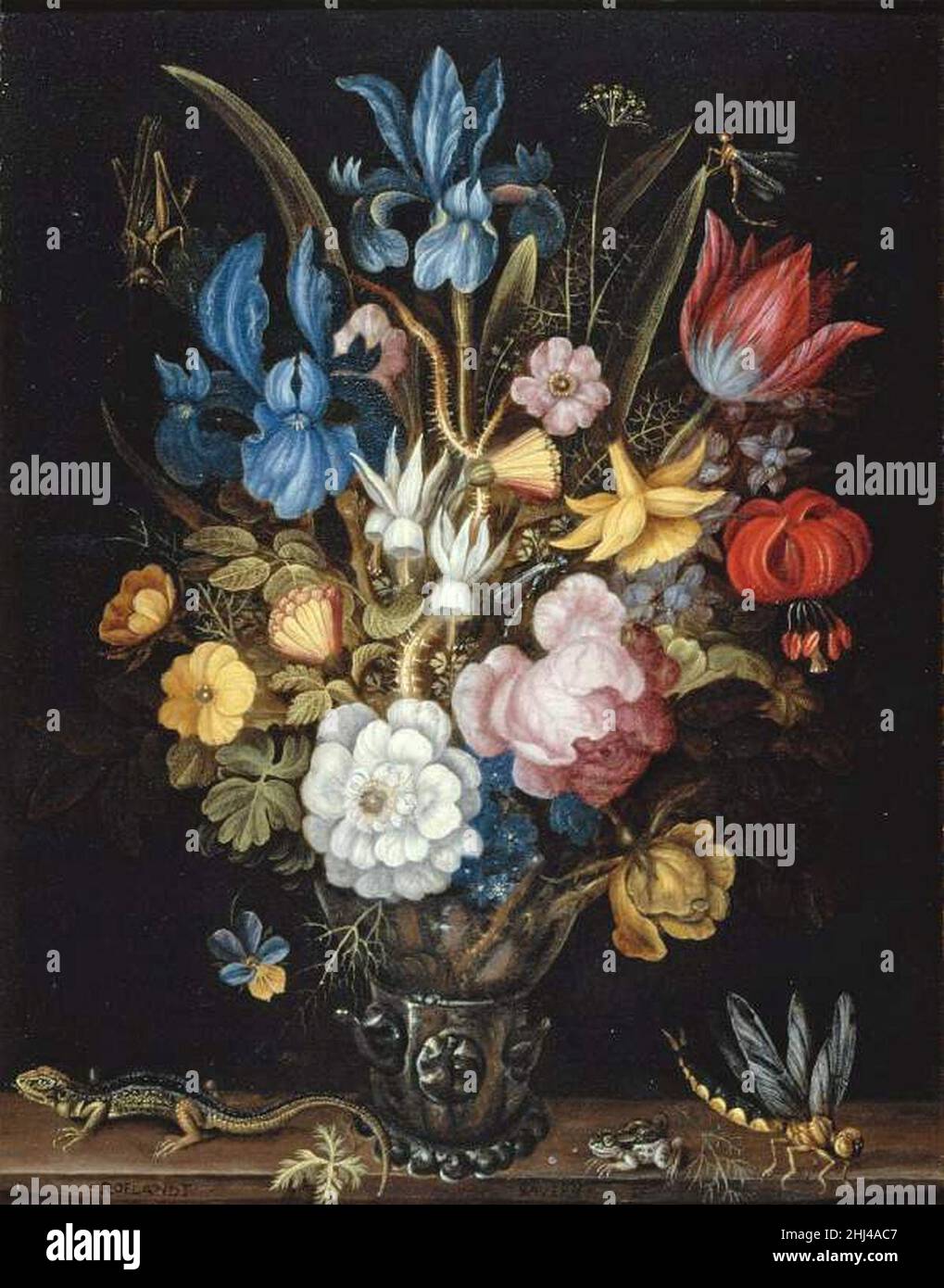 Still life with flowers in a glass berkemeyer with a lizard, frog and ...