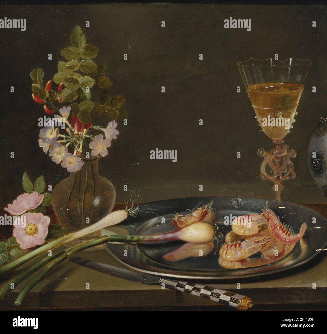 Still life with shrimp, ramps, flowers and a glass vase Stock Photo - Alamy