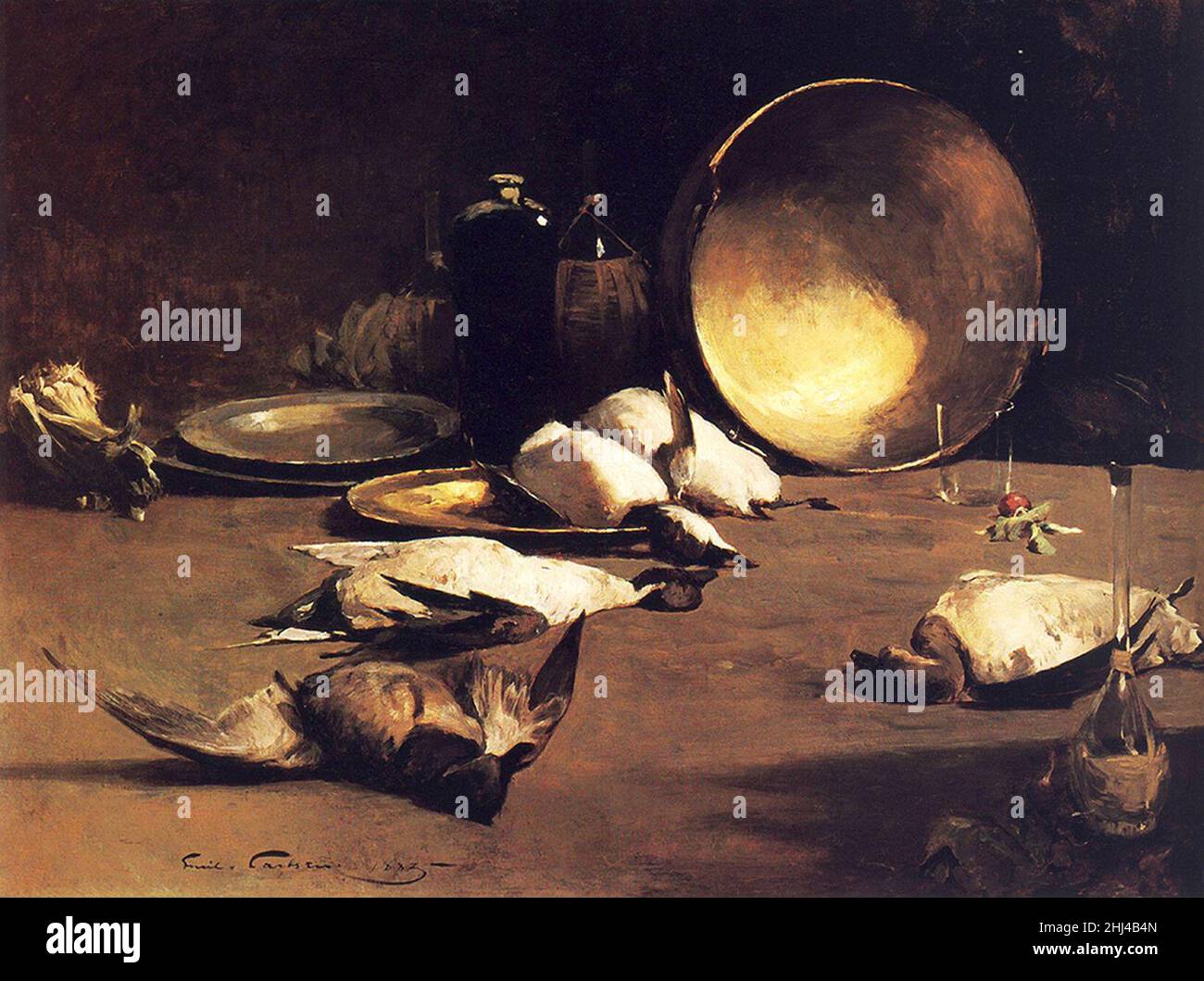 Still Life, Brass Bowl, Ducks, and Bottles Stock Photo - Alamy