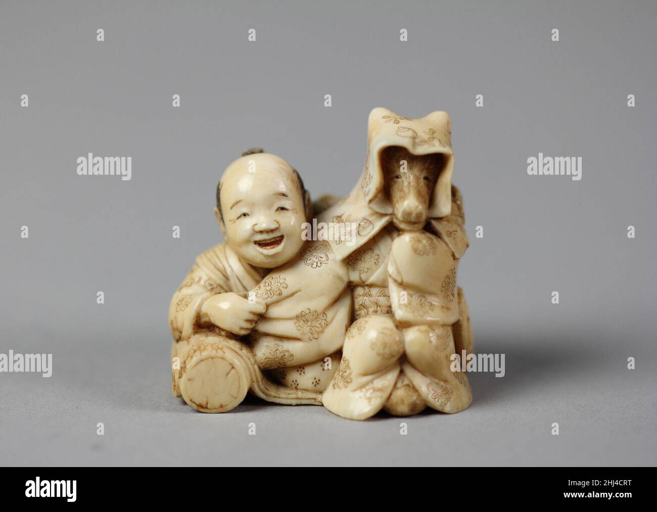 Netsuke of Tokutaro and Fox, Disguised as Woman Japan. Netsuke of ...