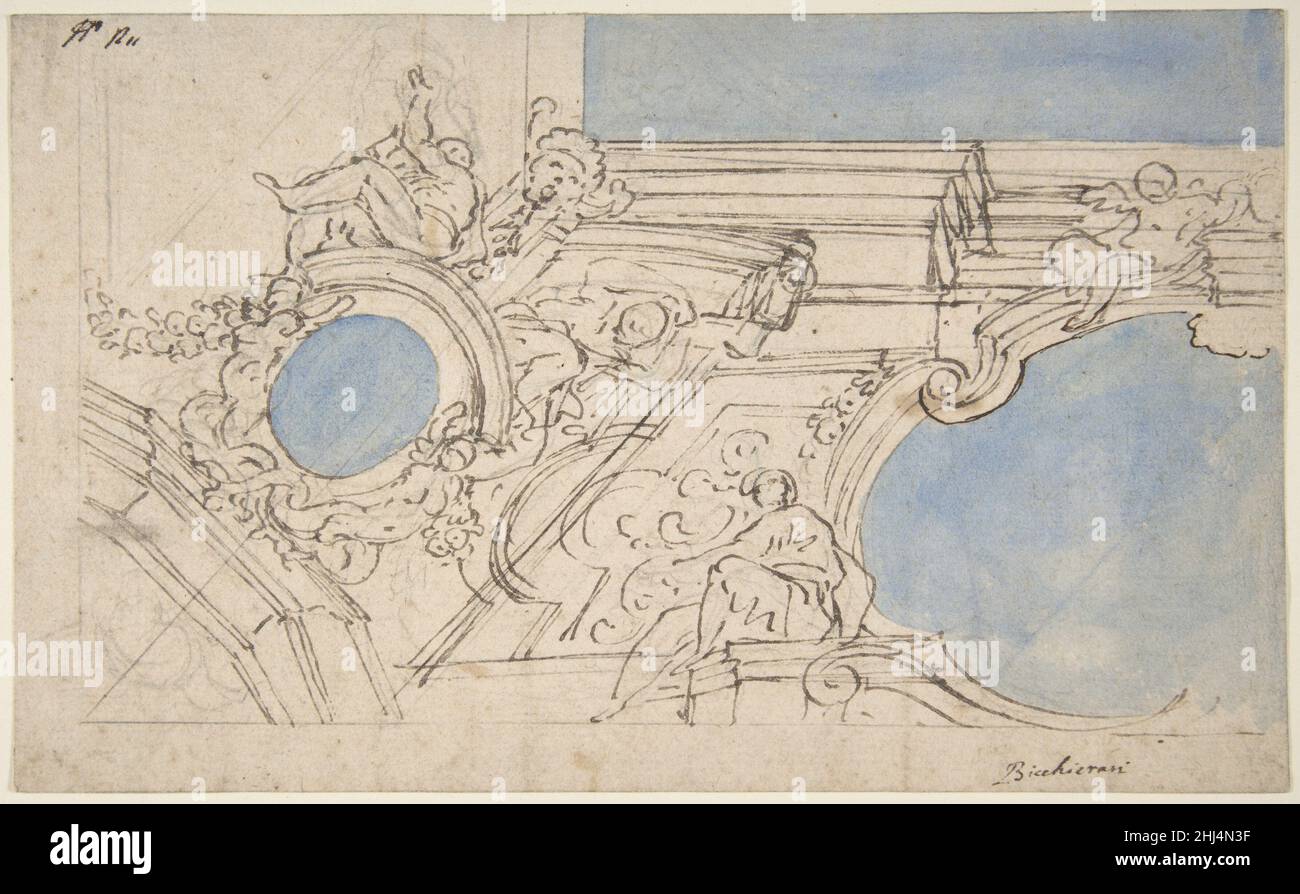 A Foreshortened View of a Ceiling Corner Decorated with Statues, Putti ...