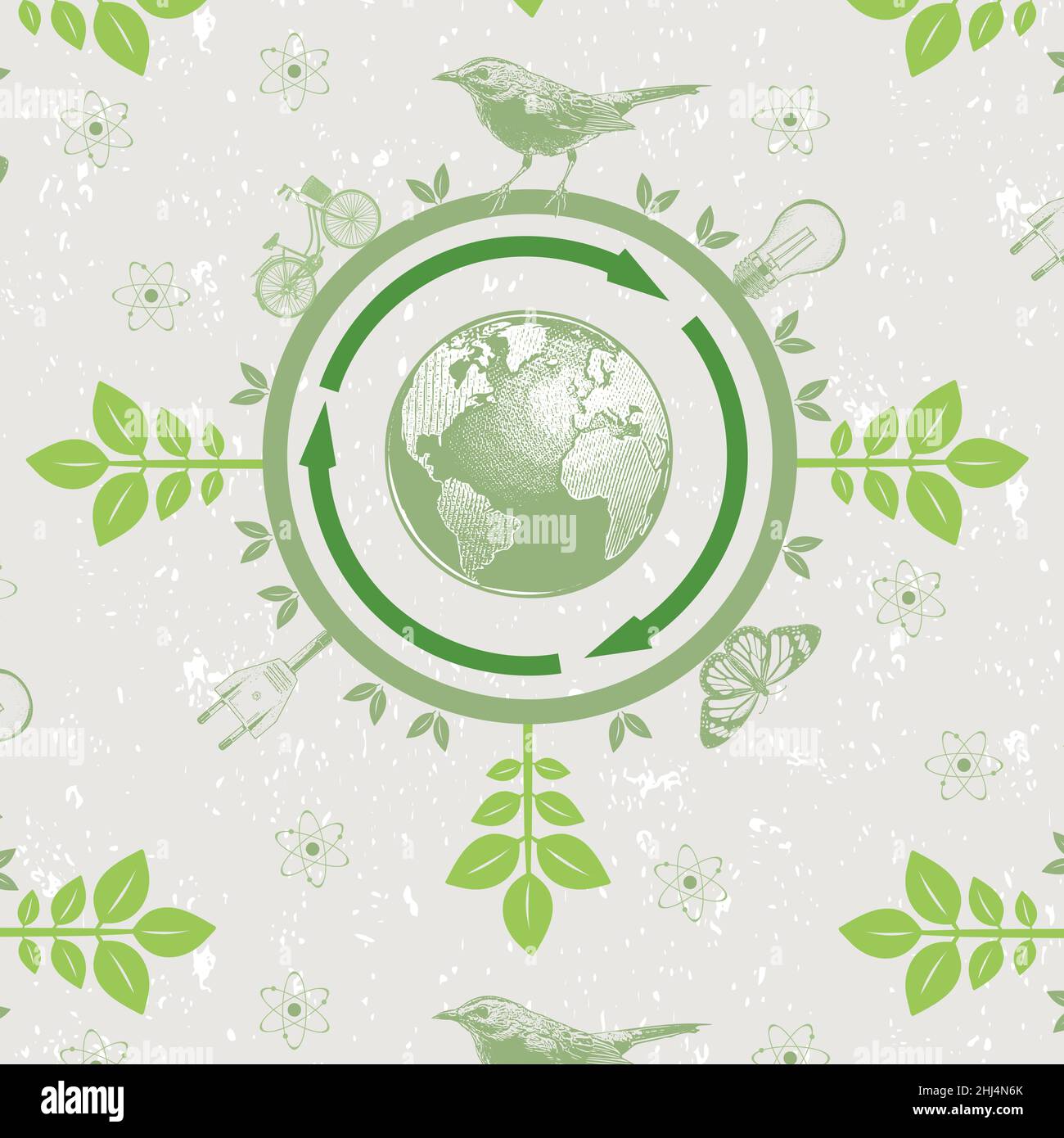 Eco, seamless, pattern, earth, vector, green, bird, recyclable, vintage ...