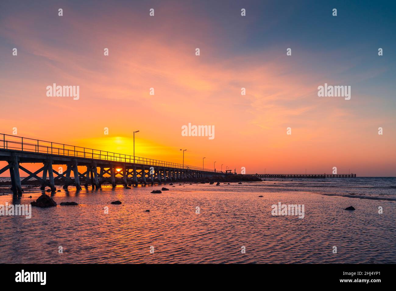 Moonta Bay pier viewed against sunset , Yorke Peninsula, South ...