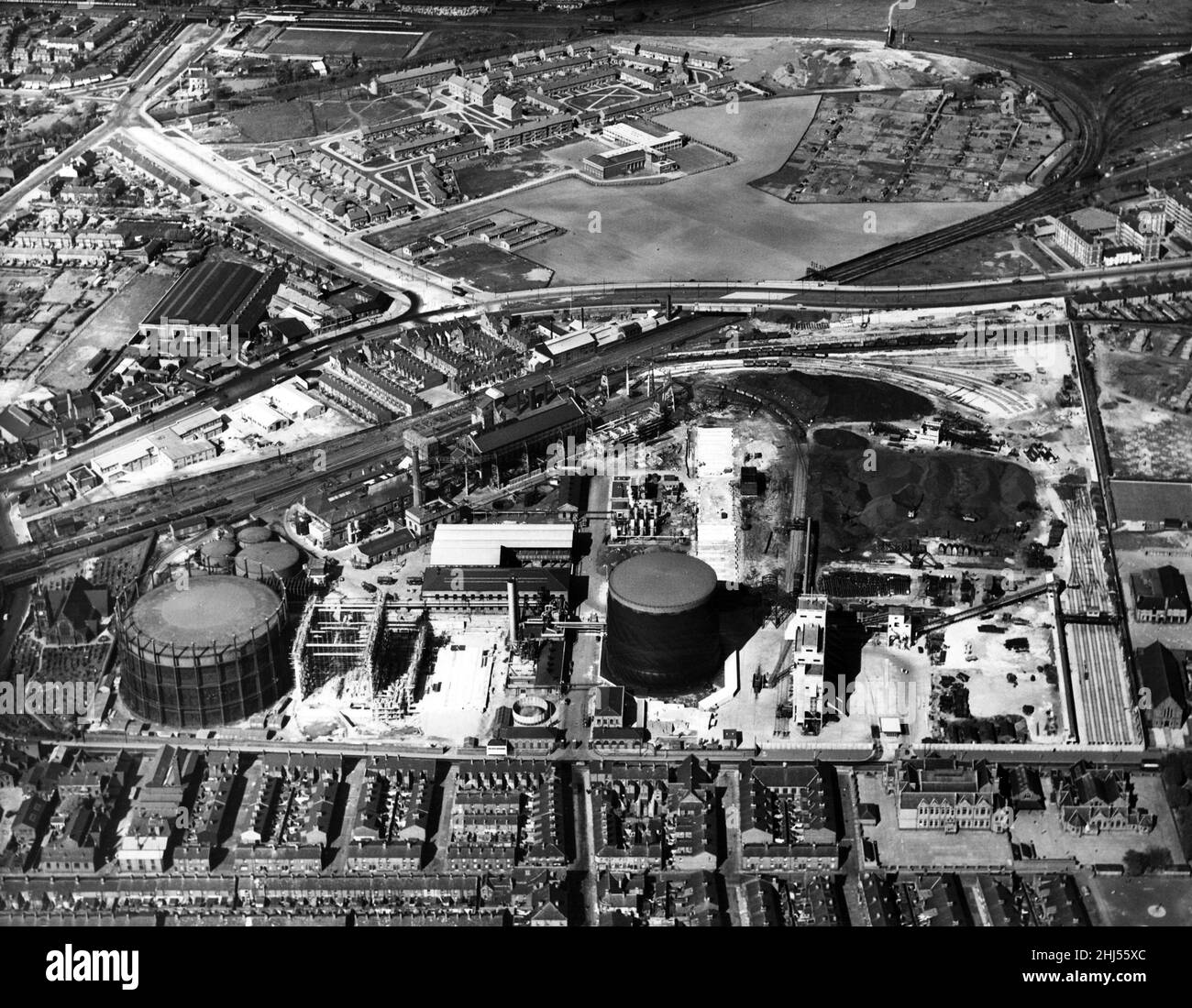 Aerial view of Garston Gas Works. Garston is a district of Liverpool ...