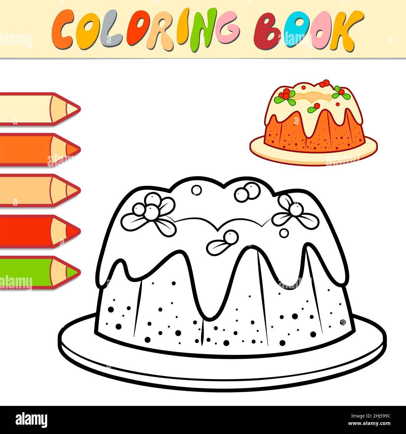 Coloring book or page for kids. Christmas cake black and white ...