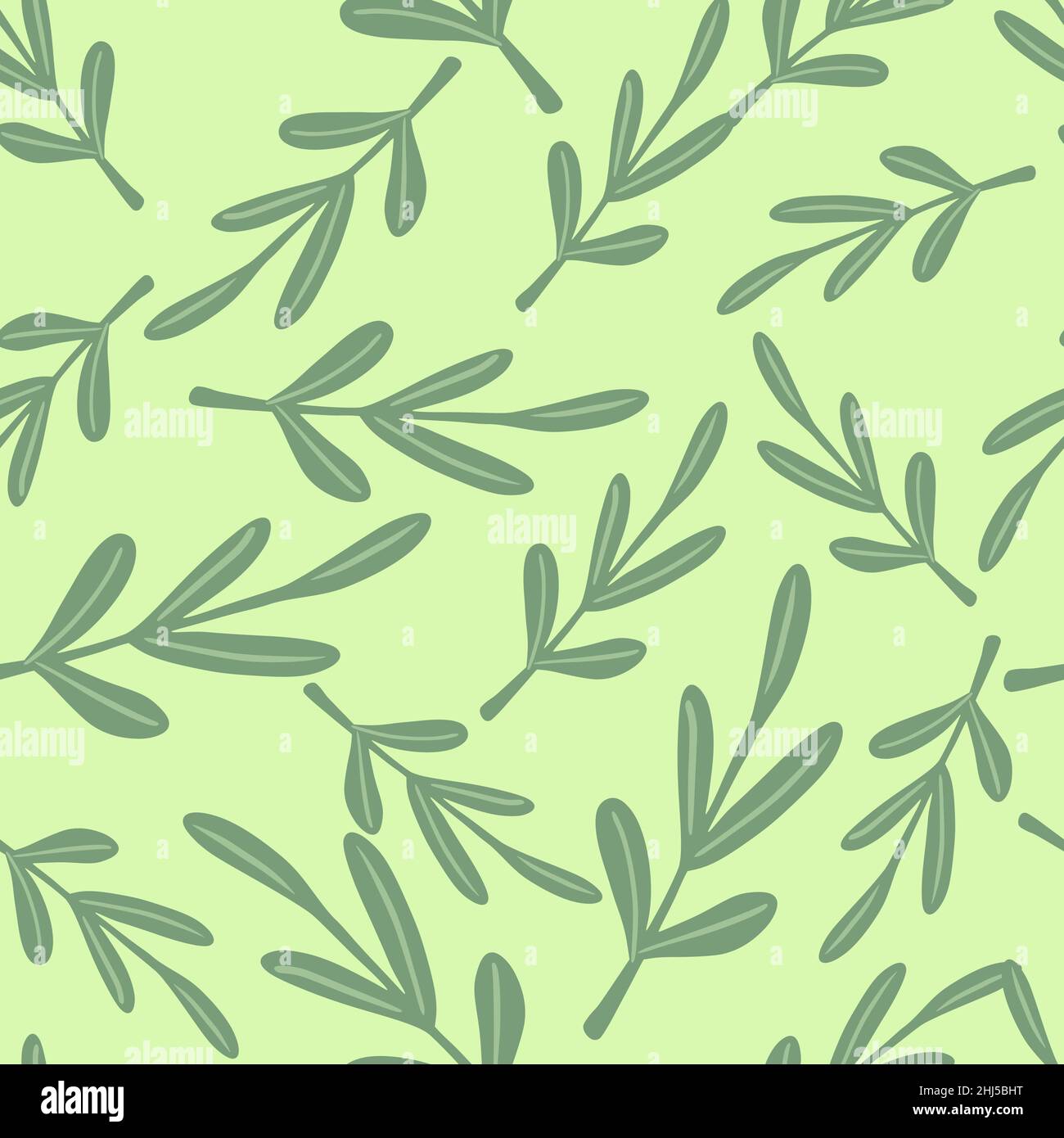 Random herbal seamless pattern with doodle green leaf twigs. Pastel ...