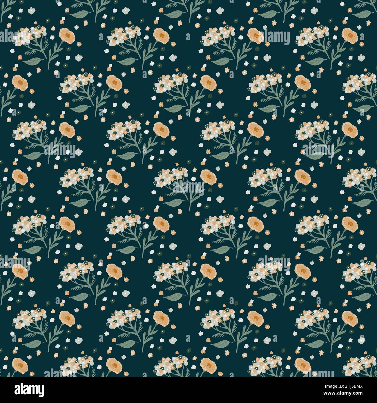 Abstract little yarrow ornament seamless pattern in doodle style. Dark ...
