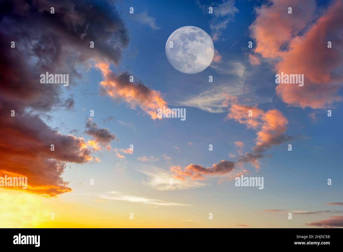 The Moon Is Rising In The Sky With Soft Clouds Set Against A Bright ...