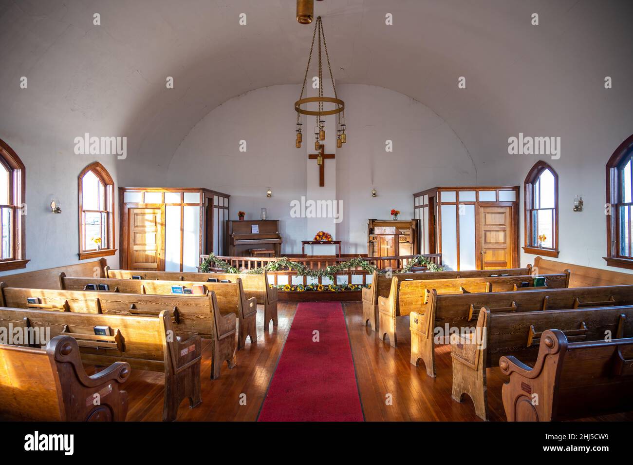 Interior of old prairie church in the ghost town of Retlaw, Alberta ...
