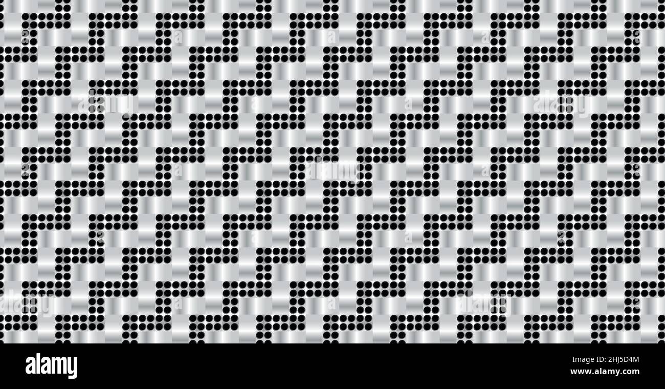 Panoramic silver metal wicker background, repeating perforated elements - Vector illustration ...