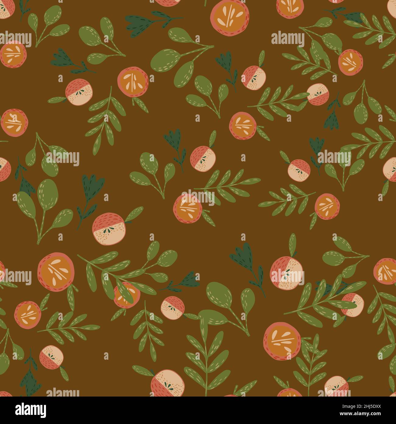 Autumn harvest seamless pattern with green leaves an orange apple print ...