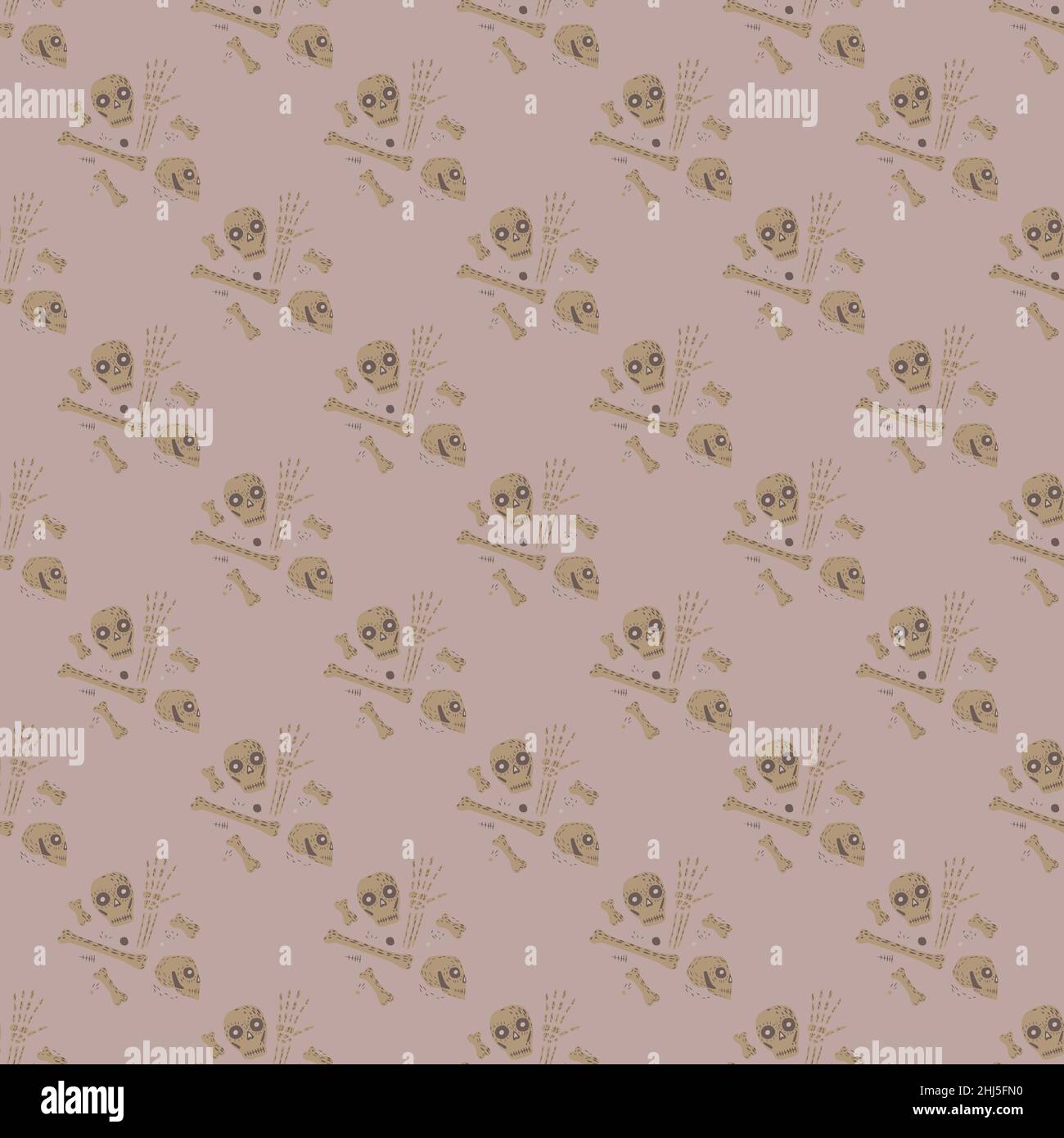 Pale tones seamless pattern with doodle beige skull and bones ...