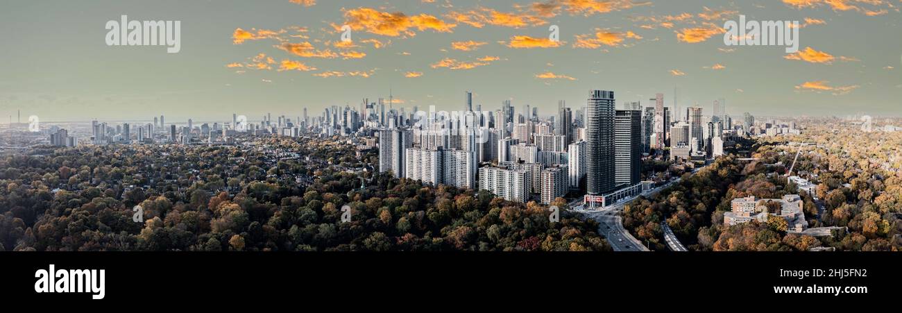 Drone Panorama of Toronto skyline with fall leaf's surrounding the ...