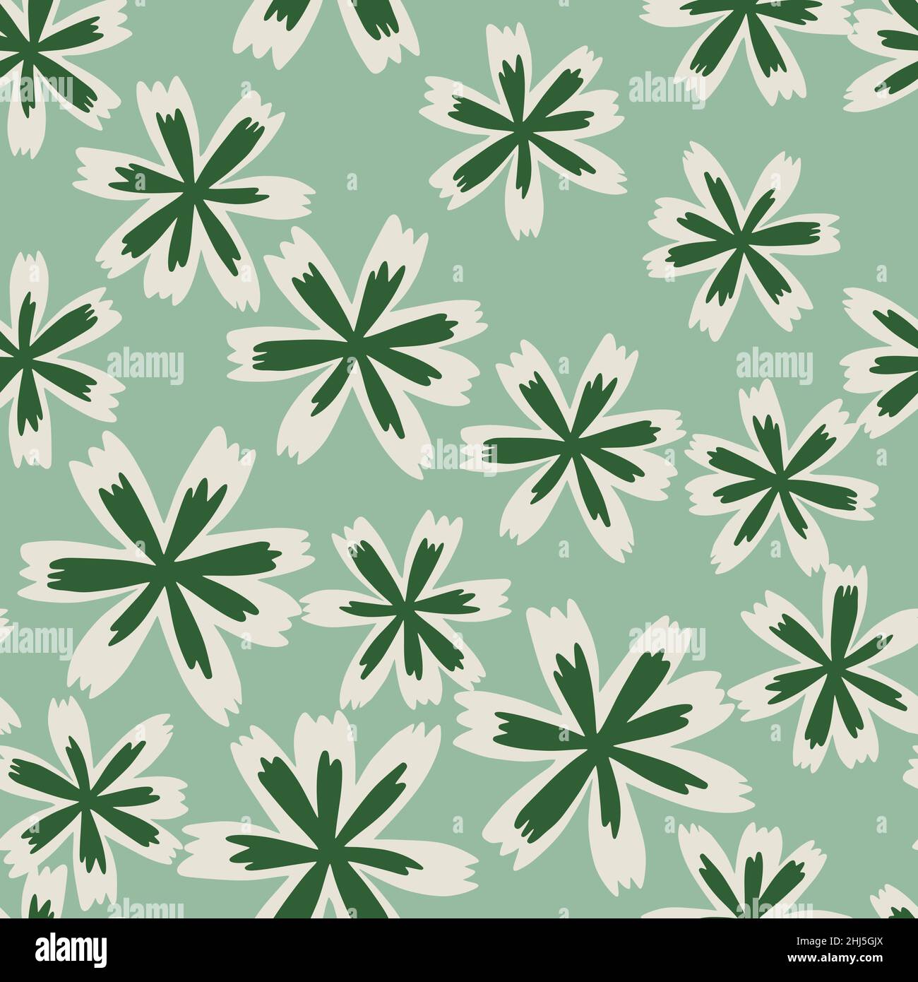 Random seamless botanic pattern with green and white contoured flower shapes. Blue background ...