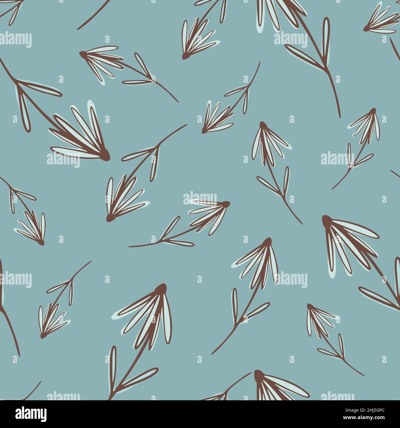 Seamless random pattern with beige outline flower silhouettes. Blue ...