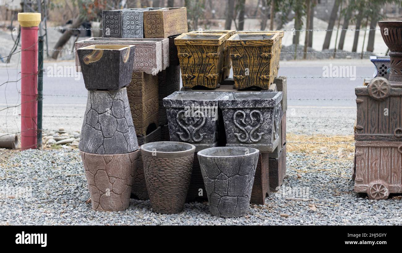 Stylish and decorative concrete pots and containers for plants Stock ...