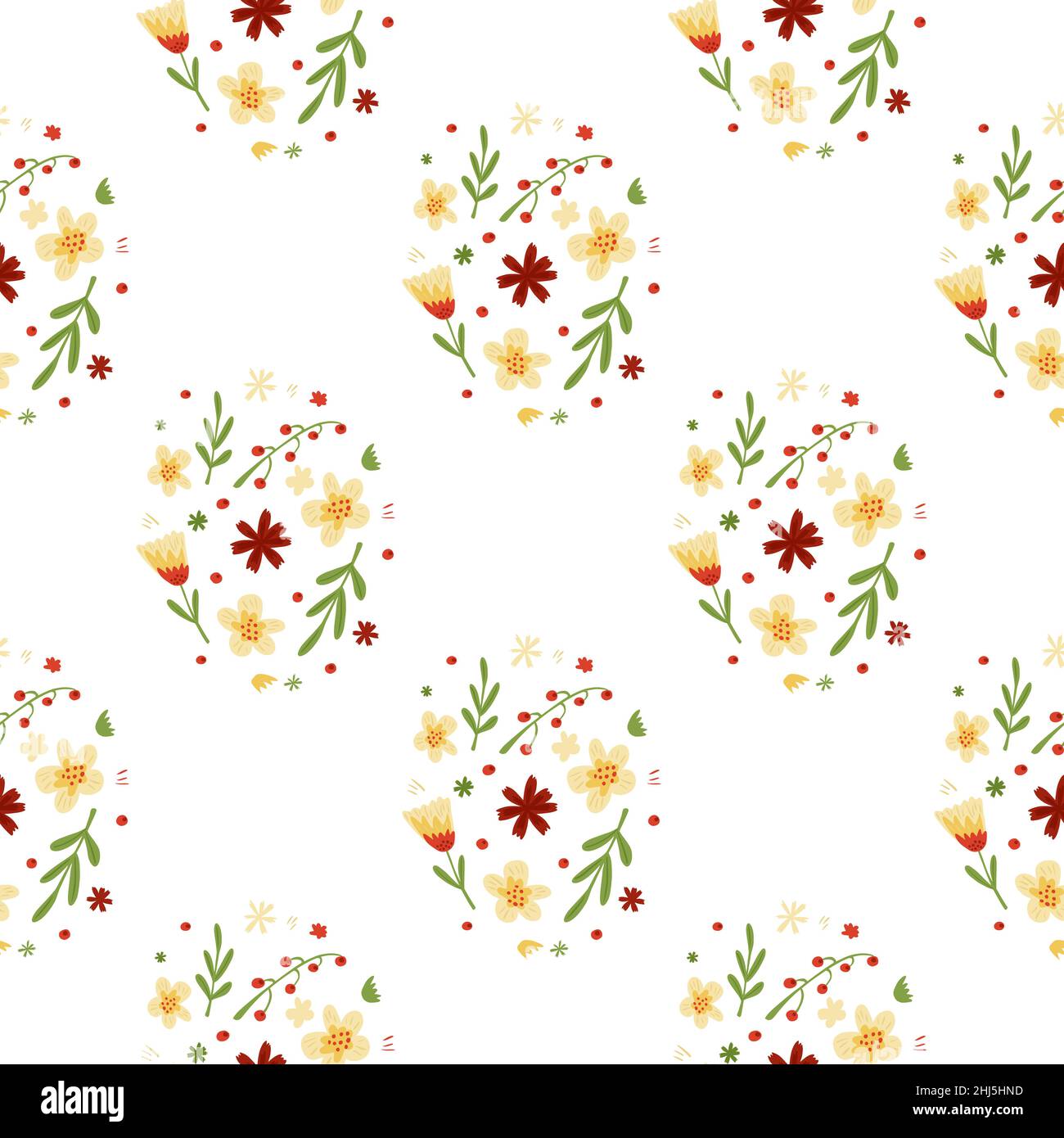 Ditsy seamless isolated pattern with multicolor pastel flowers and leaves botanic shapes. White ...