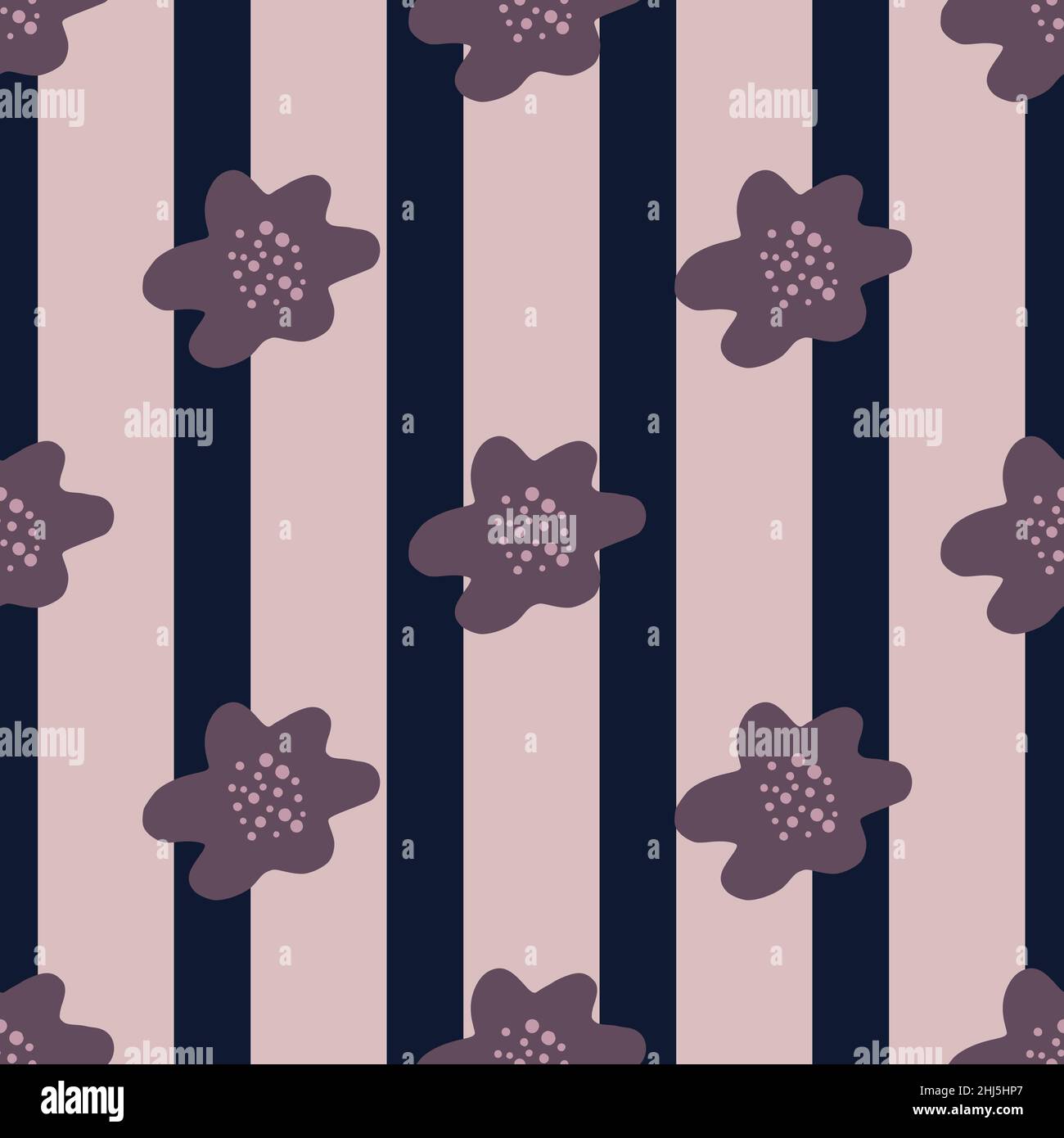 Purple doodle simple flower silhouettes seamless pattern in hand drawn ...