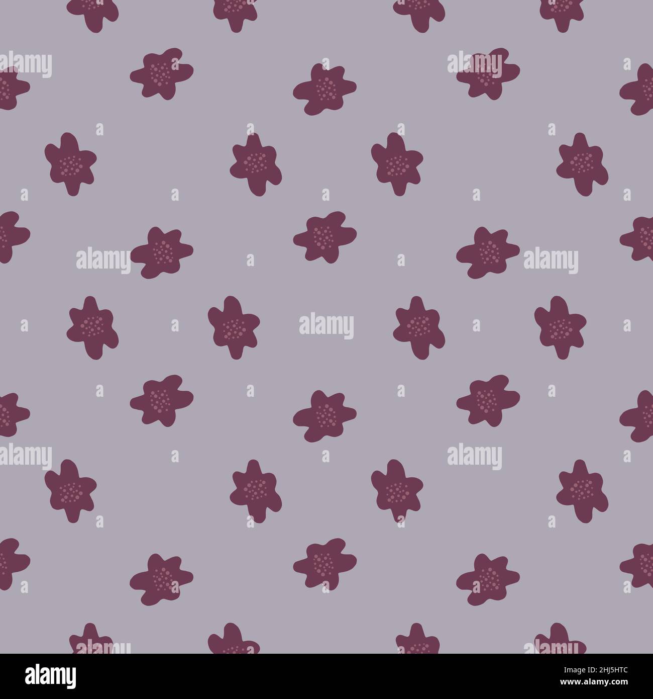 Abstract botanic seamless flora pattern with purple flowers shapes. Grey background. Nature ...