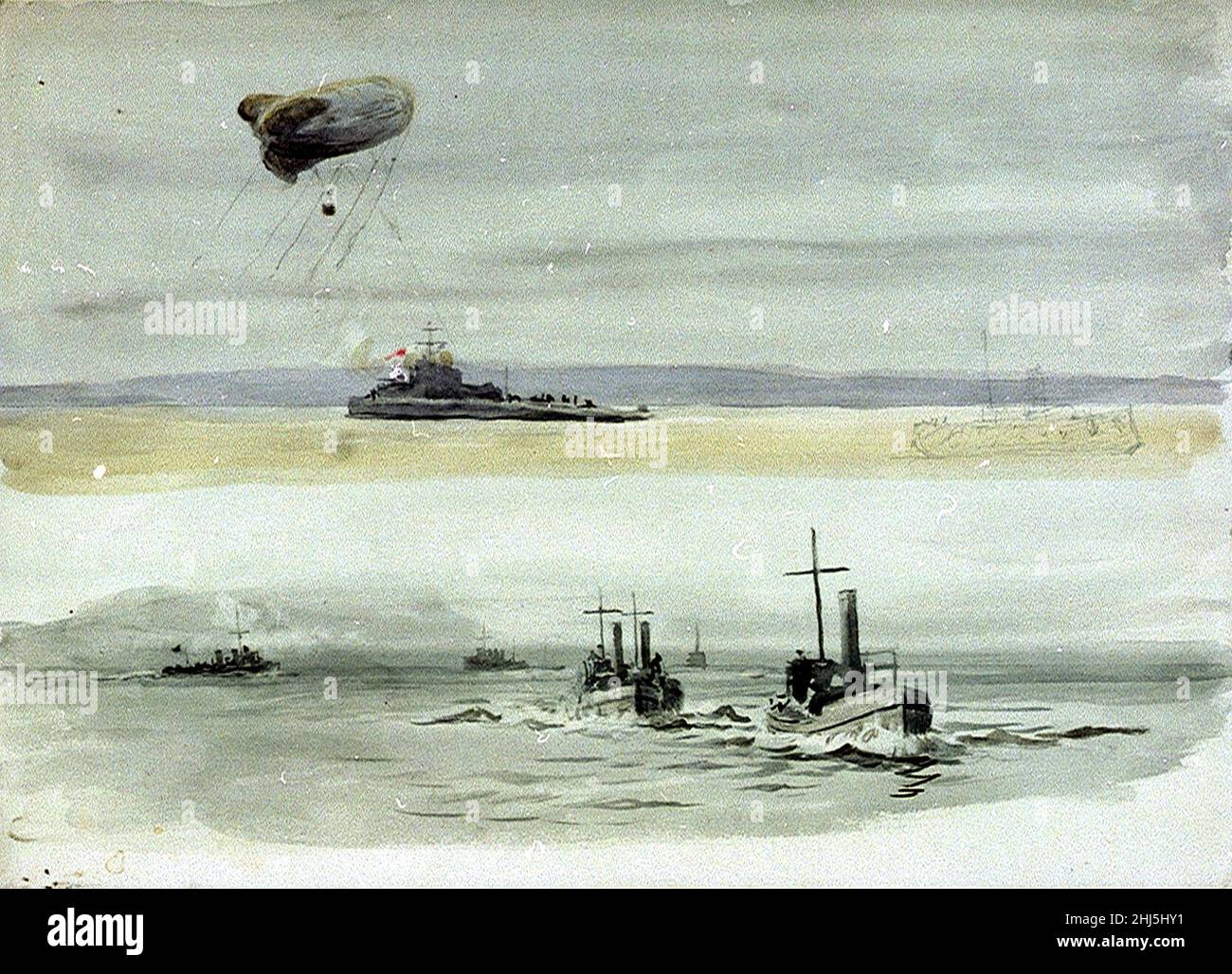 Studies of a naval vessel offshore with an observation balloon, tugs ...